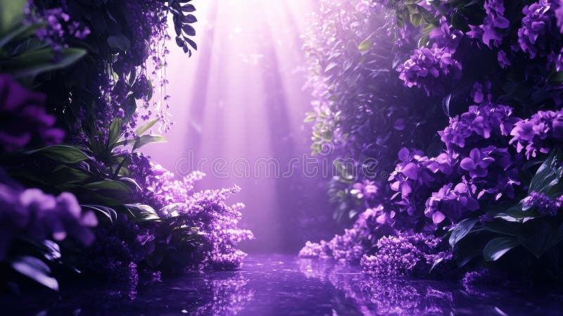 Enchanting Purple Floral Pathway with Sunlight Streaming through Lush ...