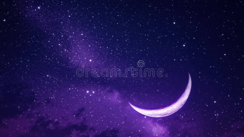 Enchanting Purple Night Sky with Crescent Moon and Stars Stock Image ...
