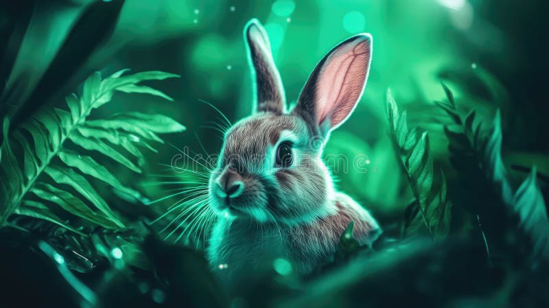 Enchanting Rabbit in a Lush Forest Setting with Glowing Green Light ...