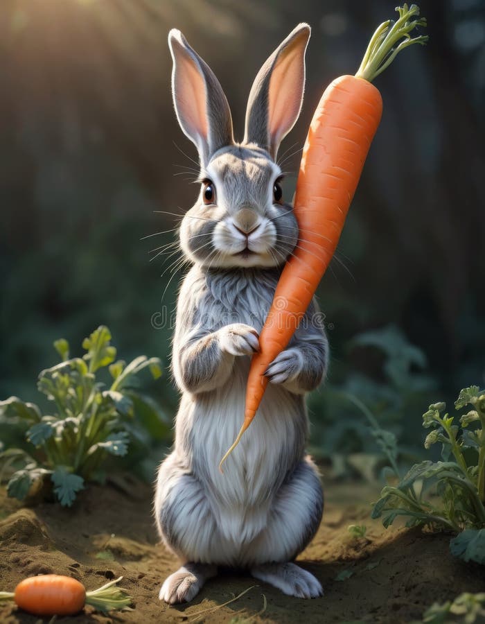 Rabbit Standing with Carrot in Enchanted Forest Stock Photo - Image of ...