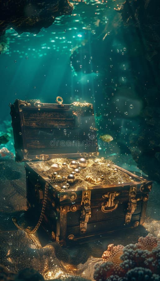 Enchanting Realistic Underwater Scene Featuring Open Treasure Chest ...