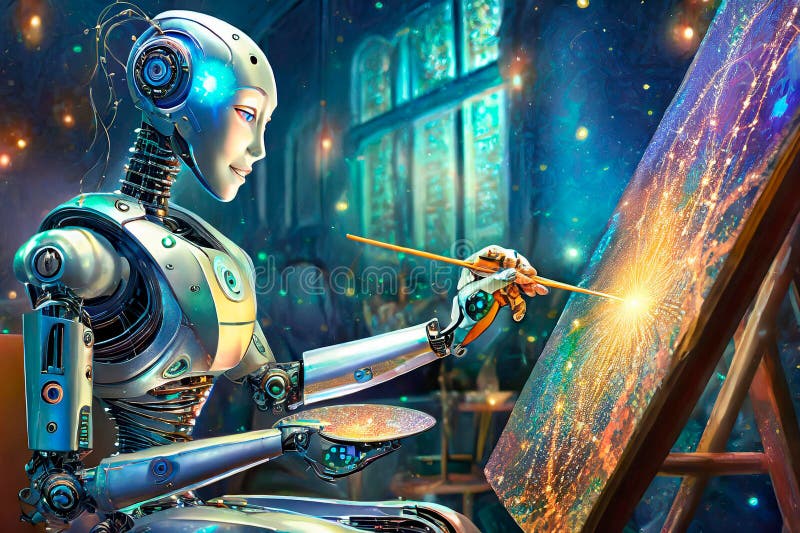 Enchanting Robot Artist Crafting a Cosmic Scene Stock Illustration ...