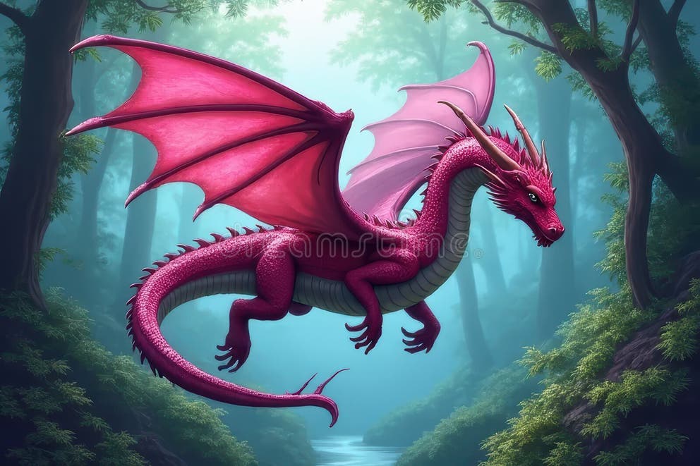 Enchanting Ruby Dragon Soaring through a Fantasy Landscape Stock ...