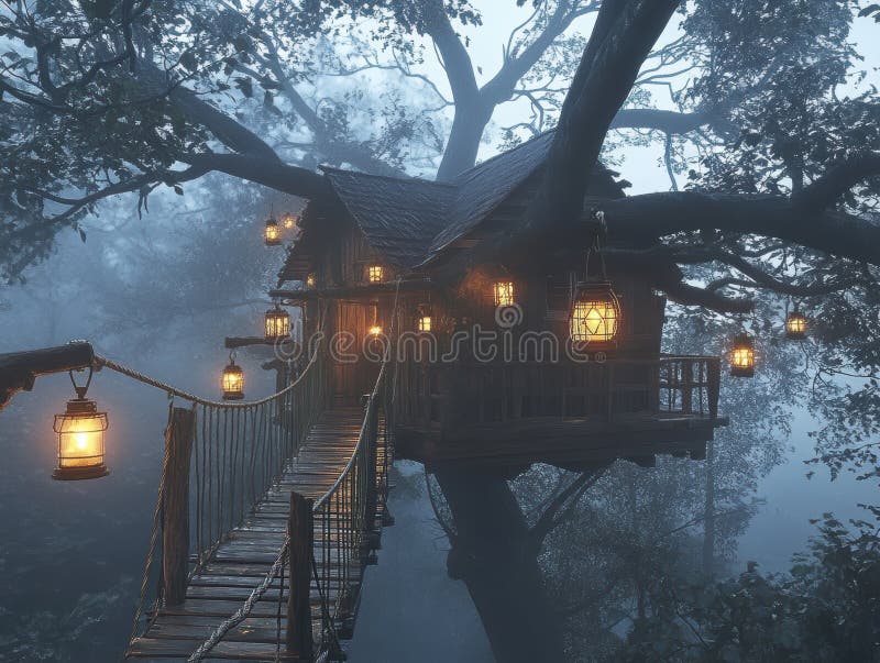 Enchanting Rustic Treehouse with Glowing Lanterns Stock Illustration ...