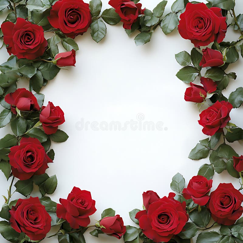 Enchanting Scarlet Rose Frame with Lush Green Foliage Stock Photo ...