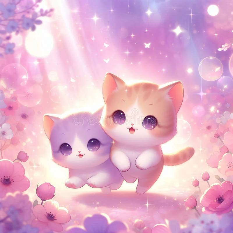 Enchanting Scene with Cute Kittens and Delicate Floral Background Stock ...
