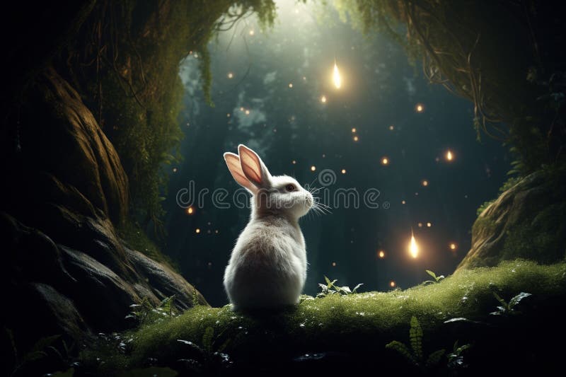 Enchanting Scene of a Rabbit Gazing at a Full Stock Illustration ...