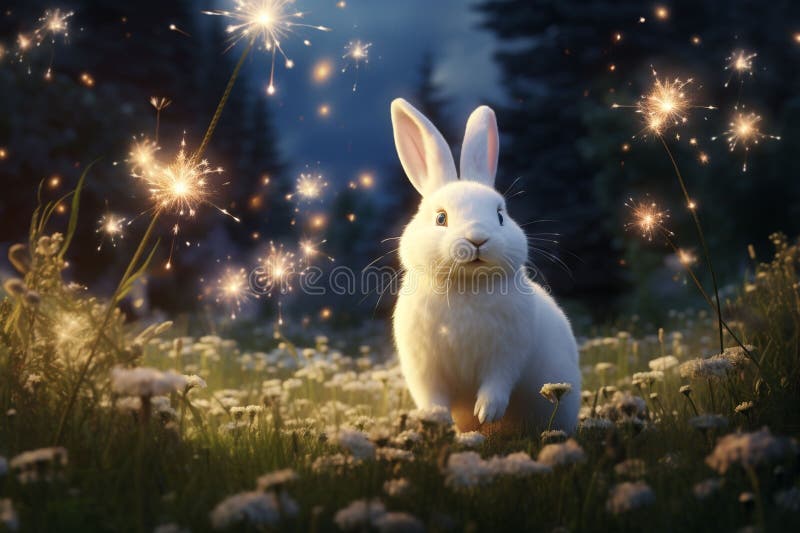 Enchanting Scene of a White Rabbit Surrounded by Stock Illustration ...
