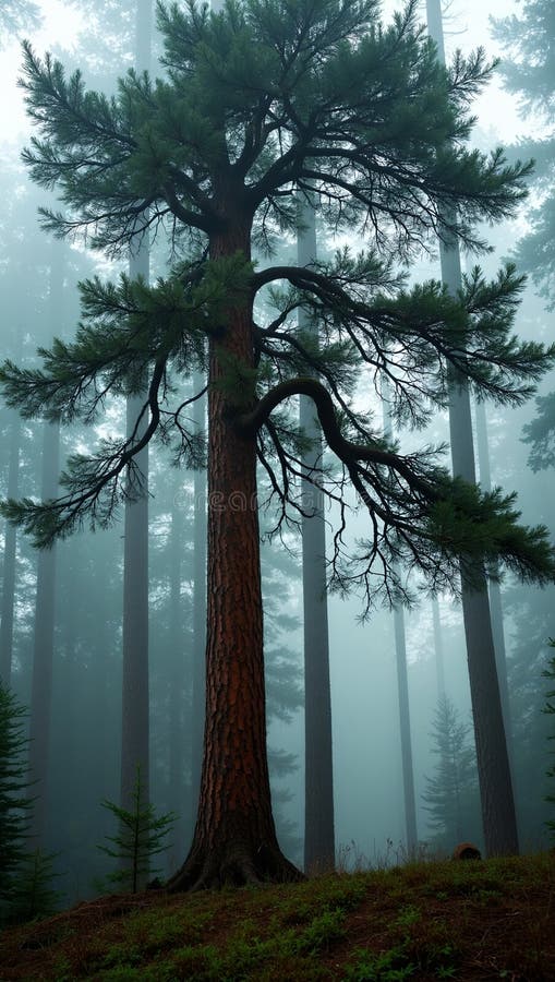 Enchanting Scotch Pine Tree in Misty Forest with Sunlight Beams Stock ...