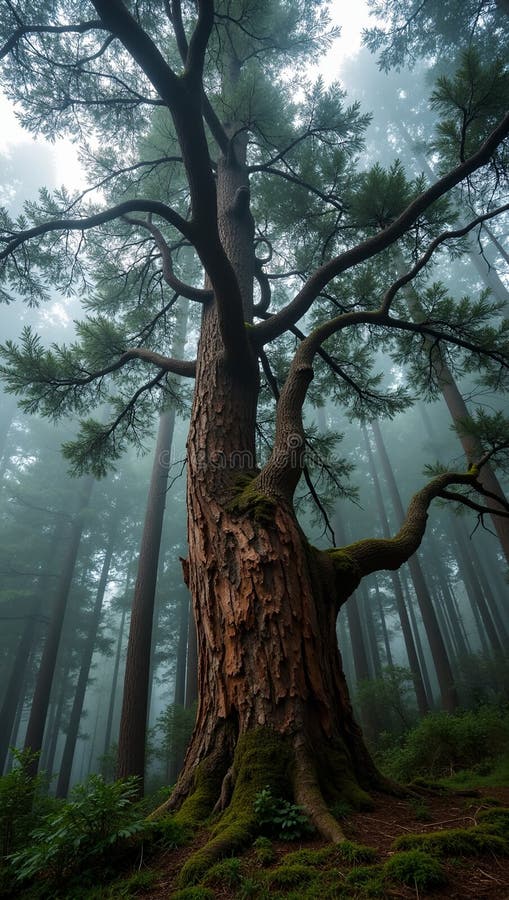 Enchanting Scotch Pine Tree in Misty Forest with Sunlight Beams Stock ...