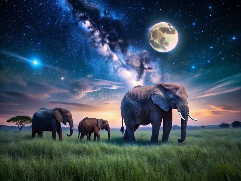 Enchanting Silhouettes of Elephants Under a Starry Night Sky Majestic ... Enchanting Silhouettes of Elephants Under a Starry Night Sky Majestic ...