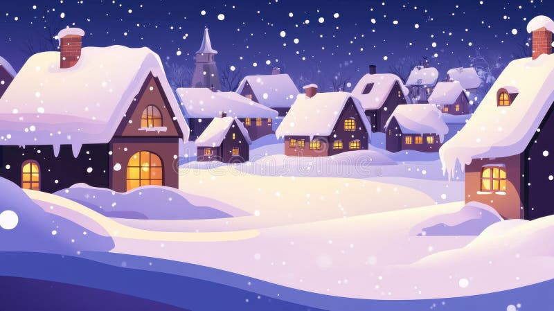 Enchanting Snow-Covered Village at Night with Warm Glowing Windows ...