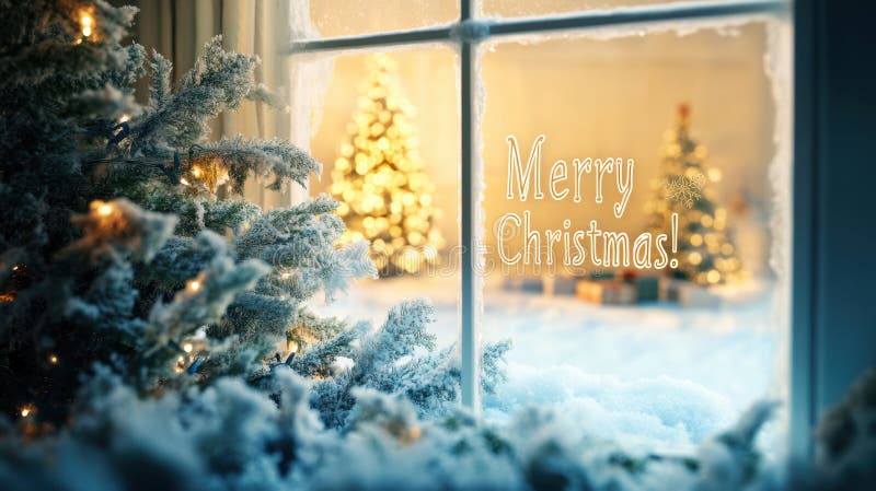 Enchanting Snowy Christmas Eve Window View with Festive Tree Stock ...