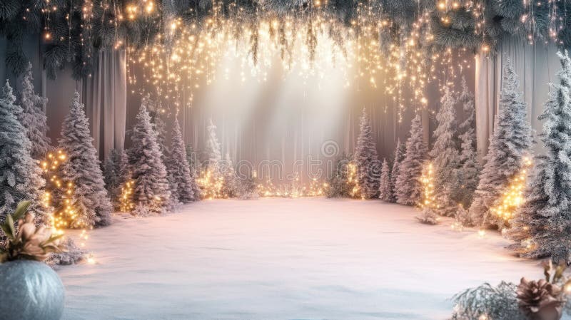 Enchanting Snowy Forest Scene with Golden Lights Stock Illustration ...