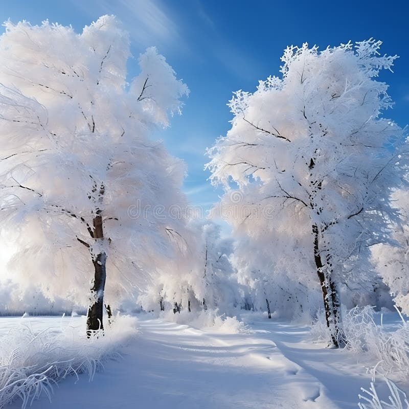 A Snowy Path with Trees and Blue Sky Stock Illustration - Illustration ...