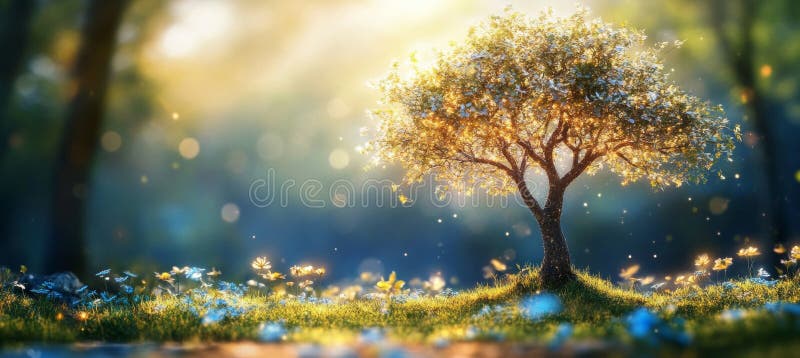 Enchanting Spring Morning with a Small Glowing Tree and Blue Dewdrops ...