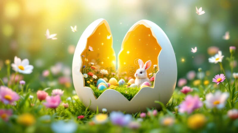 Enchanting Spring Scene with Bunny in Decorated Egg Amid Blooms and ...