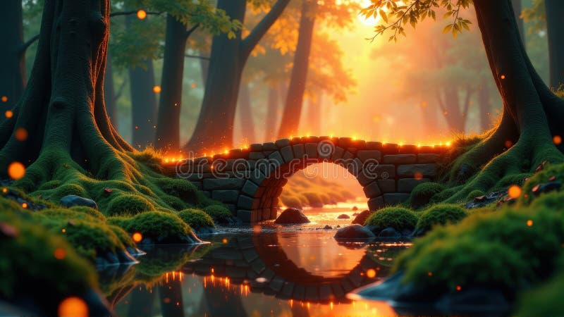 Enchanting Stone Bridge in a Magical Forest at Sunset Stock ...