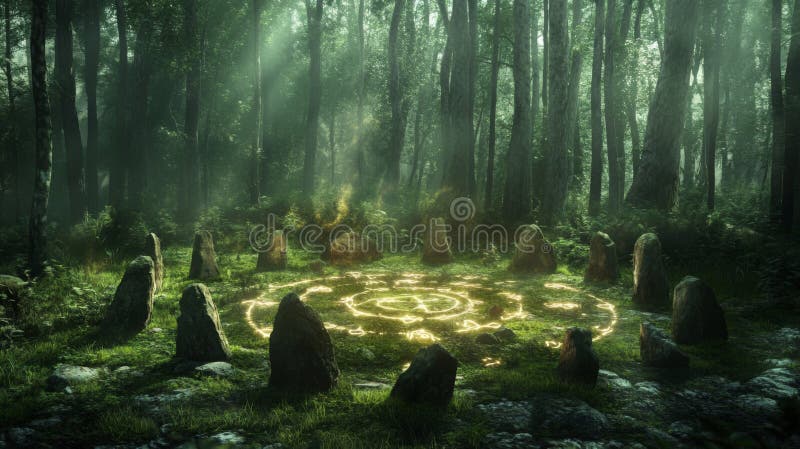 Enchanting Stone Circle in a Misty Forest Stock Illustration ...