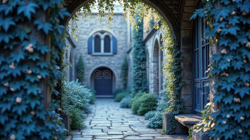 Enchanting Stone Courtyard with Ivy-covered Arches and Sunlit Pathway ...