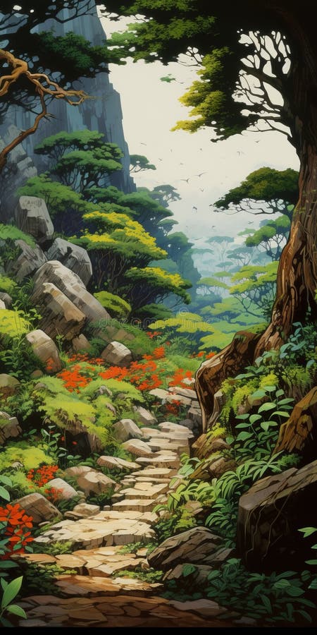 Enchanting Stone Path through Noriyoshi Ohrai Inspired Landscape Stock ...