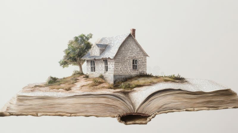 Enchanting Storybook Cottage Emerging from Open Book with Tree and Path ...