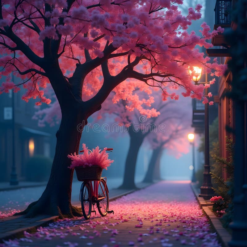 Enchanting Street Scene with Pink Cherry Blossom Tree and Bicycle Romantic Spring Path Stock ...