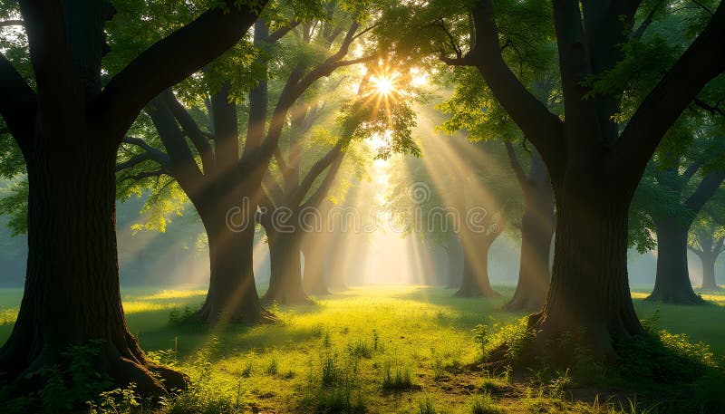 Sunbeams through Trees stock photo. Image of biodiversity - 369185360