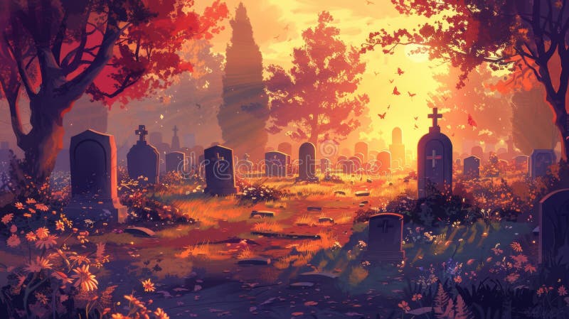 Enchanting Sunset at Tranquil Cemetery Illustration Stock Photo - Image ...