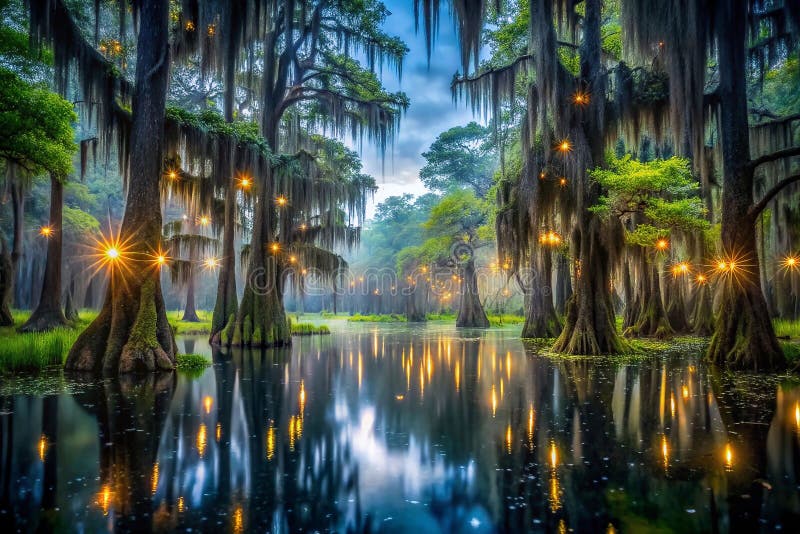 Enchanting Swamp Trees Lit by Glowing Orbs Stock Illustration ...