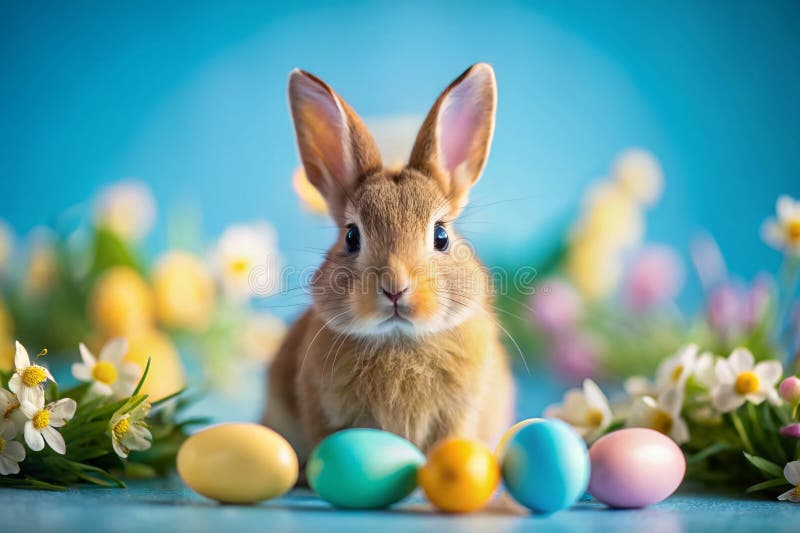 Enchanting TiltShift Easter Bunny on a Vibrant Blue Background a ...