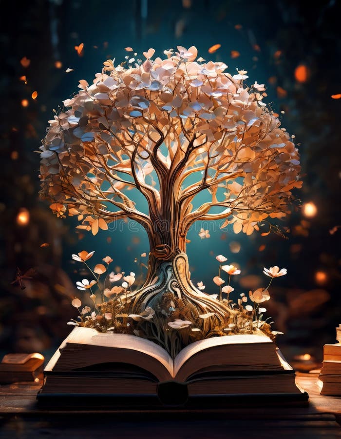 Enchanted Tree Growing from an Open Book Stock Image - Image of ...