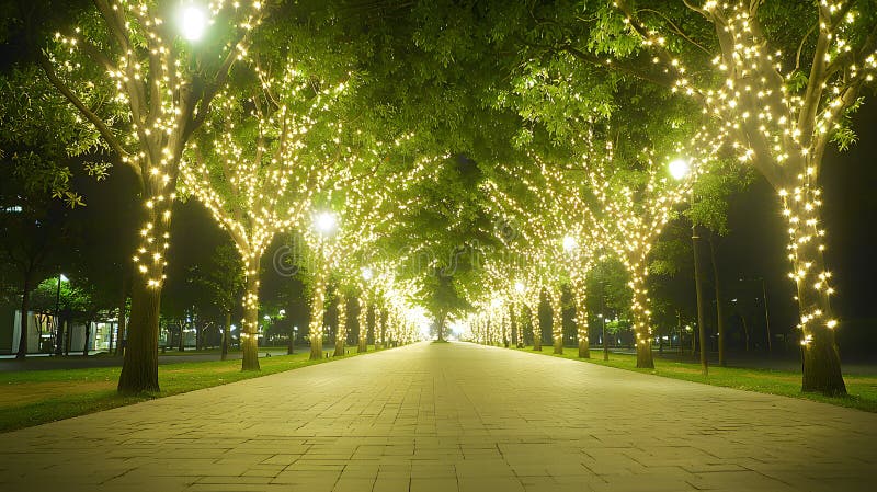 Enchanting Tree-lined Pathway Illuminated at Night Stock Illustration ...