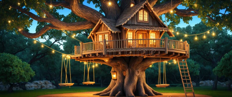 Enchanting Treehouse at Dusk with String Lights and Swings in Lush ...