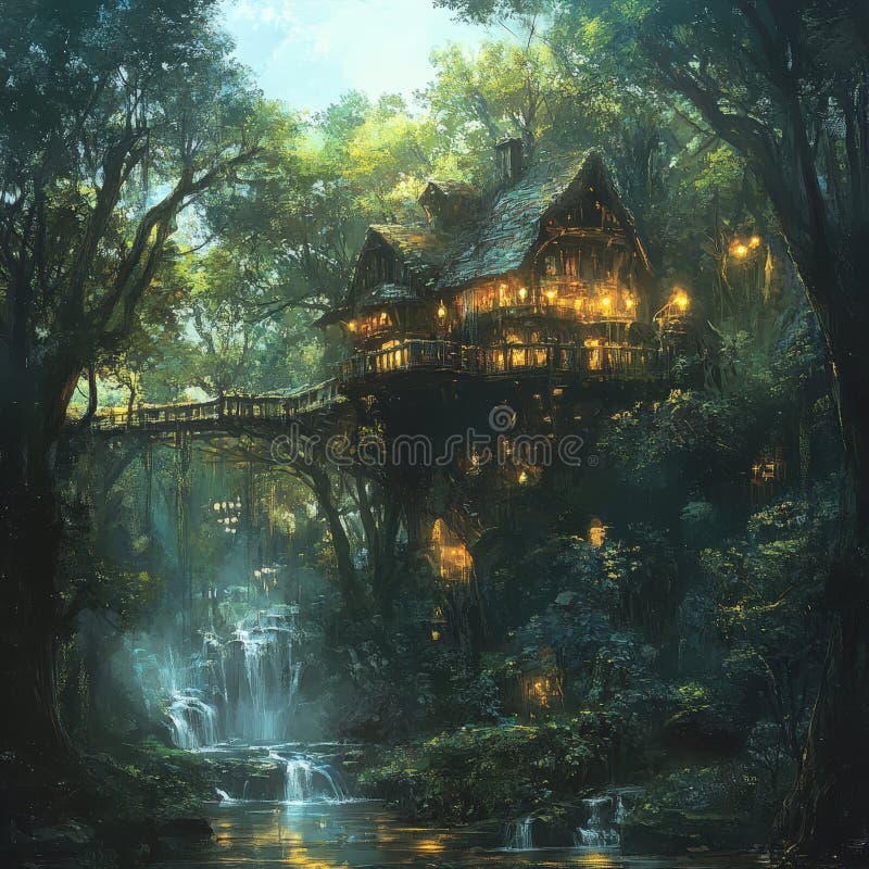 Magical Treehouse with Glowing Lights in a Forest Stock Image - Image ...