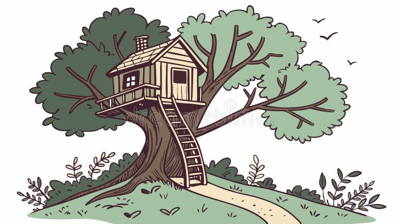 Enchanting Treehouse in a Mystical, Deep Blue Forest at Dusk, Vector ...