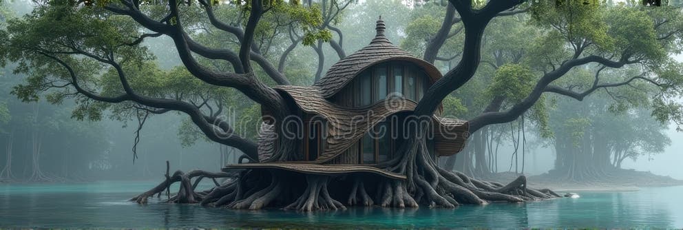 Enchanting Treehouse in Mystical Forest with Roots Over Water Stock ...
