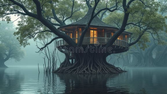 Enchanting Treehouse Over Water at Dawn with Soft Lighting in Mystical ...
