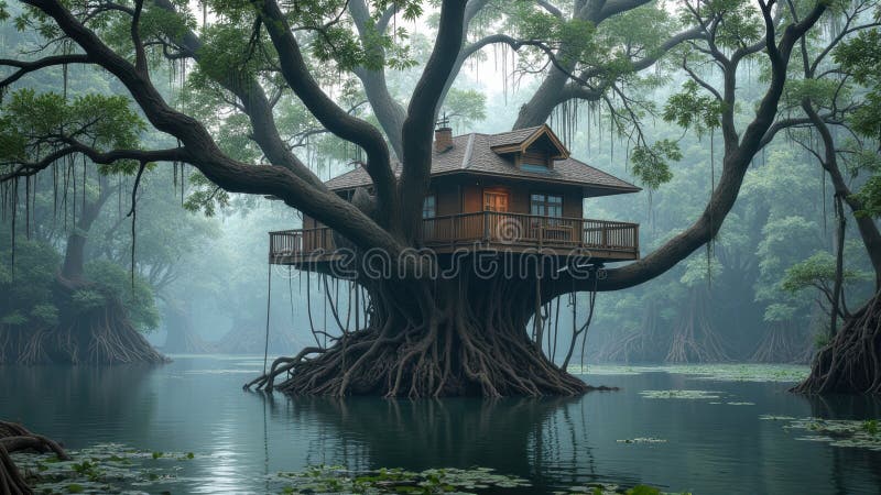 Enchanting Treehouse Retreat Serene Forest Surrounded Misty Water Stock ...