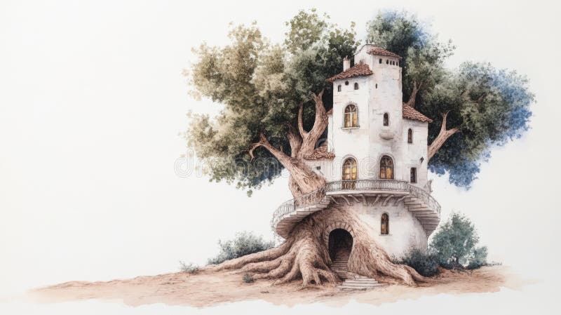 Enchanting Treehouse with Rustic Tower and Tree Roots Stock ...