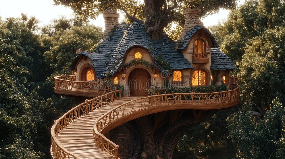 Enchanting Treehouse Sunset Forest Home Design Stock Image - Image of ...