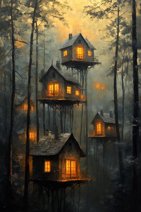 Enchanting Treehouses in Mystical Forest Illuminated by Glowing Lights ...