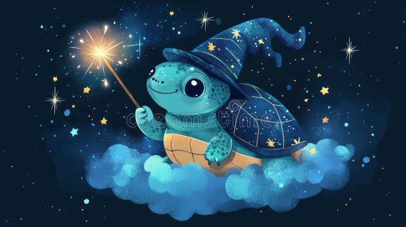 Enchanting Turtle Wizard Making Magic on a Cloud Under the Stars. a ...