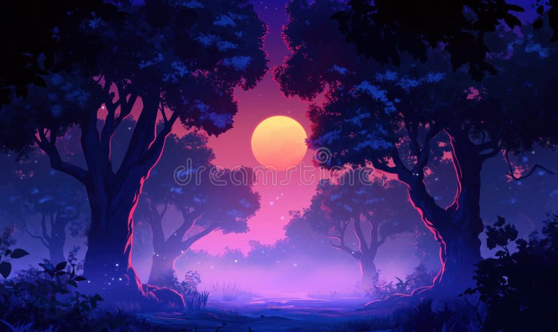 Enchanting Twilight Forest Scene Glowing Moon Vibrant Colors Stock ...