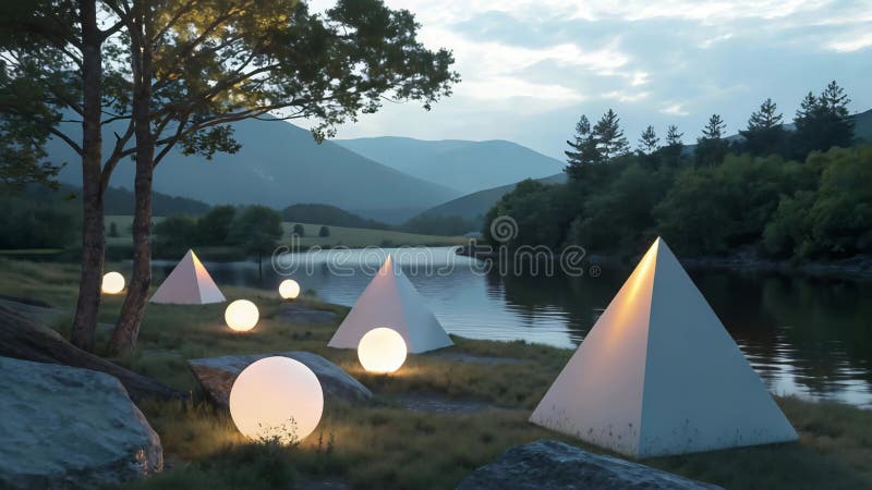 Enchanting Twilight: Illuminated Geometric Forms beside Tranquil Lake ...