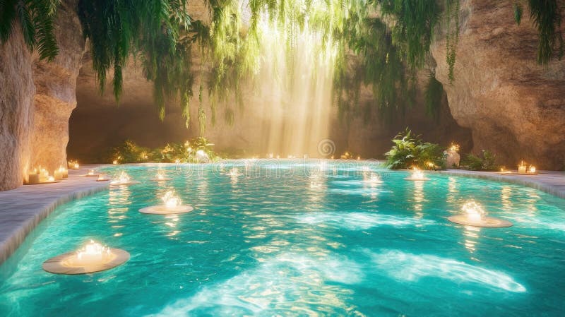 Enchanting Underground Cave Pool with Candlelit Serenity and Lush ...