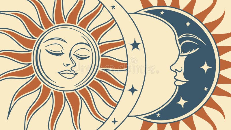 Stylized Sun and Crescent Moon Faces, Representing Cosmic Duality and ...