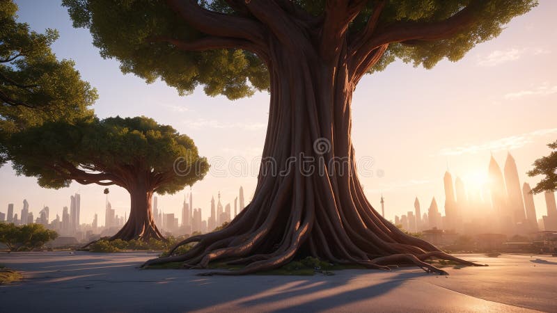 An Enchanting View of a City with a Tree in the Foreground AI ...