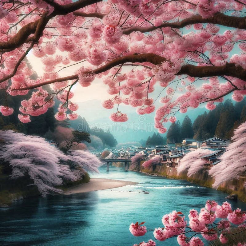 An Enchanting View of Pink Cherry Blossom Trees Reflecting on Still ...
