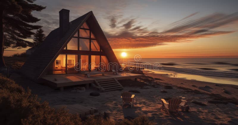 The Enchanting View of Sunset from a Cozy Beach Cabin Stock ...